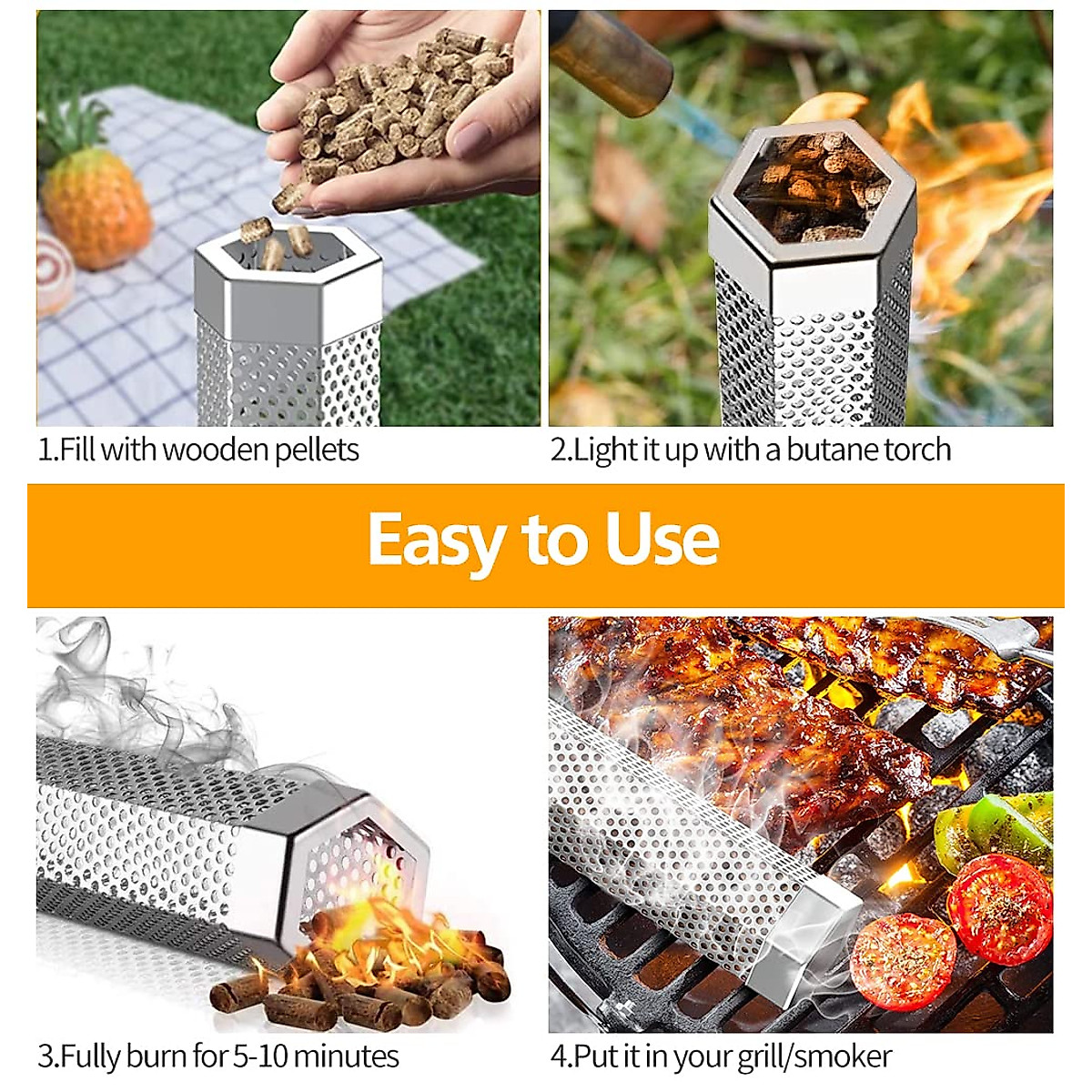 Pellet Smoker Tube, 2 Pack Smoker Tube with Butane Torch and 2 Hooks 2 Brushes, Smoker Tube for Cold/Hot Smoking (2 Pack 12'' Smoker, Butane Gas Not Included)