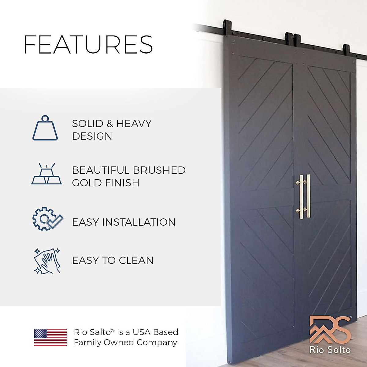 Rio Salto 12-Inch Brushed Brass Gold Barn Door Handle Kit, Closet Door Handle, Solid Aluminum Pull Handle and Flush Handle Set Heavy Duty Large Sliding Door Handles Hardware Included (1-Door Pack)