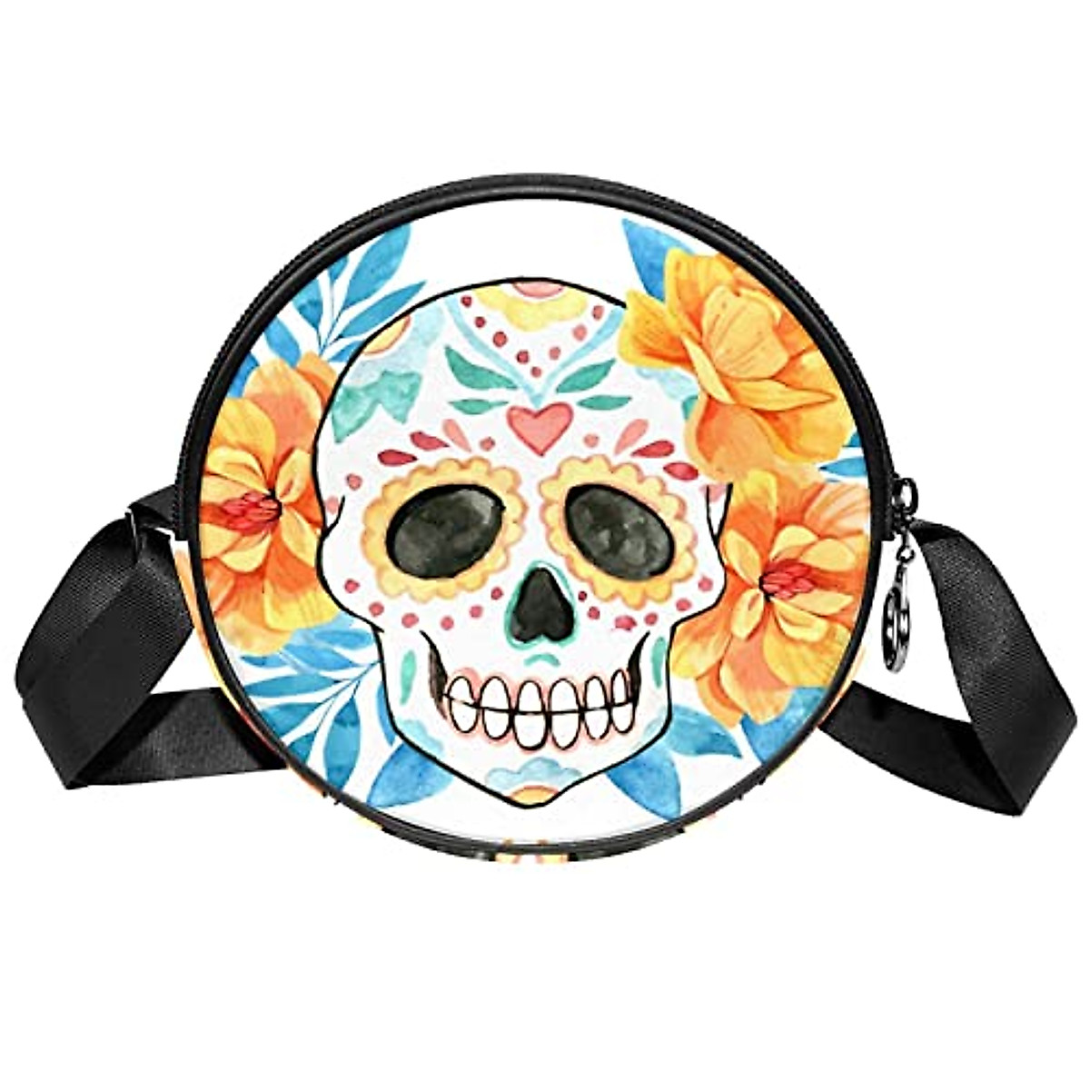Colorful Skull Crossbody Bag for Women Teen Girls Round Canvas Shoulder Bag Purse Tote Handbag Bag