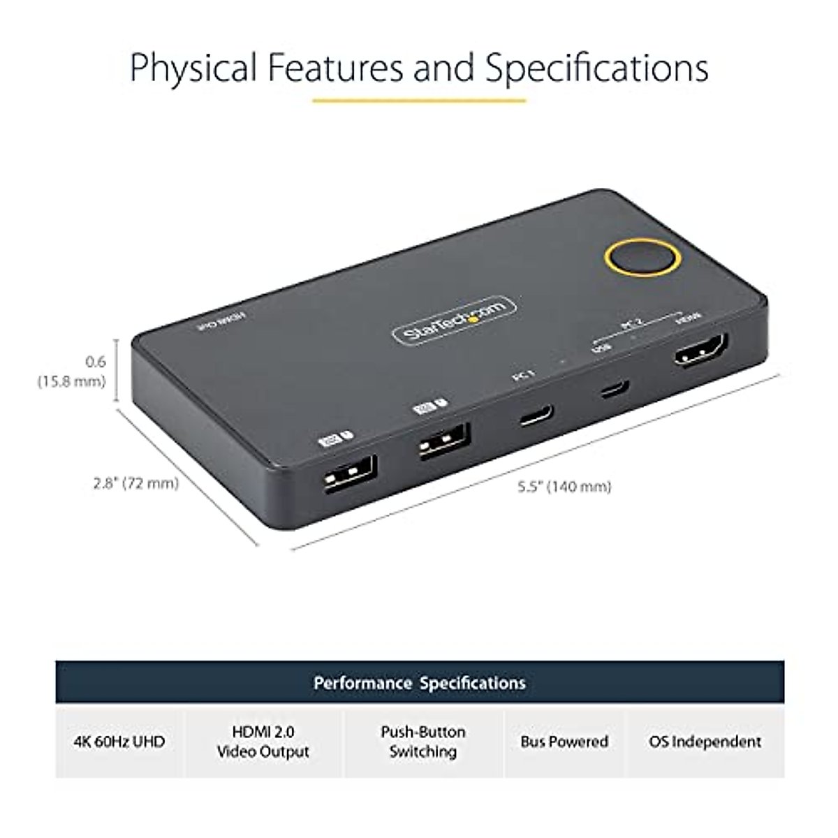 StarTech.com 2 Port Hybrid USB-A + HDMI & USB-C KVM Switch - Single 4K 60Hz HDMI 2.0 Monitor - Compact Desktop and/or Laptop HDMI KVM Switch - USB Bus Powered - Thunderbolt 3 Compatible, TAA
