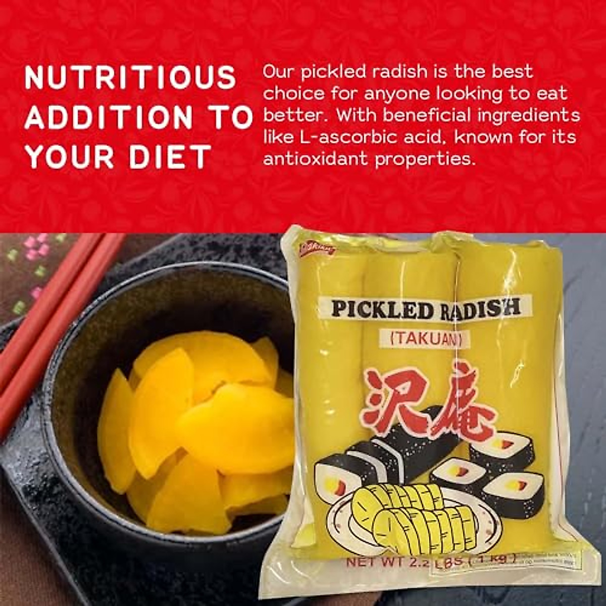 Shirakiku Pickled Radish Takuwan | Japanese Pickle with Sulfites | Ideal for Asian Sushi, Bento Boxes, Sandwiches, and Salads | (3-piece) Pack of 1, 2.2 Pounds