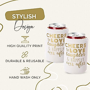 Wedding Can Can Cooler Decorations - Cheers to Love Laughter and Happily Ever After, Can Coolies Set of 12, Wedding Supplies For Bridal Showers, Engagements and Bachelorette Parties (White)