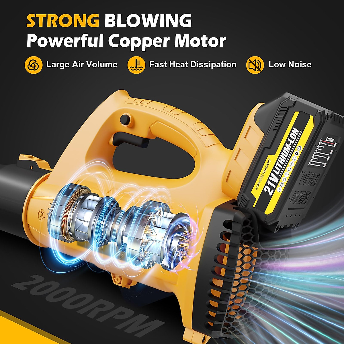 Takuoo Cordless Leaf Blower, 450CFM 150MPH 21V Electric Leaf Blower with 2 x 4.0Ah Battery and Charger, 6 Speed Portable Lightweight Small Blower for Lawn Care Sweeping Snow, Yard, Garden, Patio