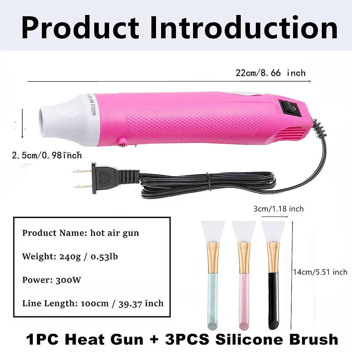 Heat Gun for Crafts, Mini Heat Gun for Epoxy Resin, 300W Portable DIY Acrylic Resin Craft, Dryer Crafts Heat Tool for Cup Turner, Shrink Wrapping, Crafts Embossing, Resin Bubble Remover (Pink)