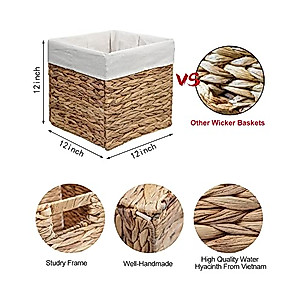 Tegance Water Hyacinth Wicker Storage Baskets, Hand-Woven Cube Storage Baskets with Linings for Shelves,Living Room, Bathroom, Bedroom, 12x12x12 inches, 2 Pack