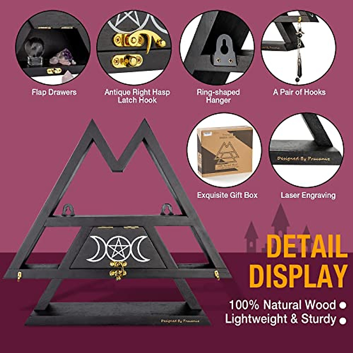 Pracaniz Crystal Shelf with Flap Drawer&Hooks for Wall&Desktop, Moon Shelf for Crystal Holder as Witchy Room Decor,Moon Phase Triangle Shelf,Witchy Decor&Moon Decor for Bedroom.