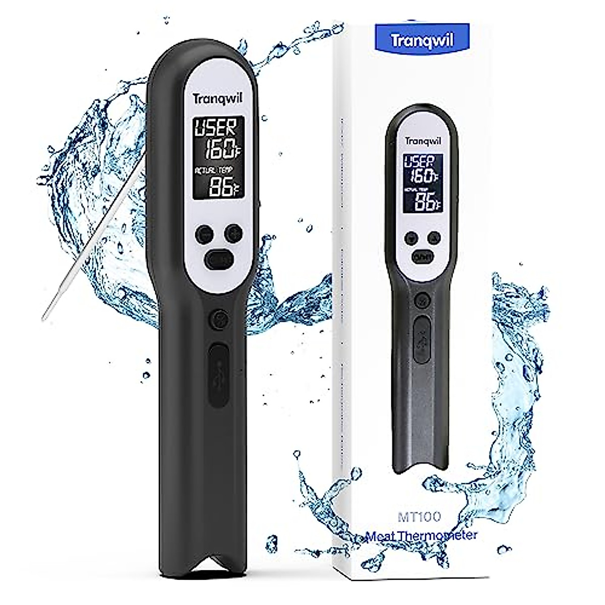 Tranqwil Meat Thermometer Instant Read - Digital Waterproof with Backlight, Fast Calibration, and Wireless Charging for Cooking, Kitchen, and Grill - Silver/Black