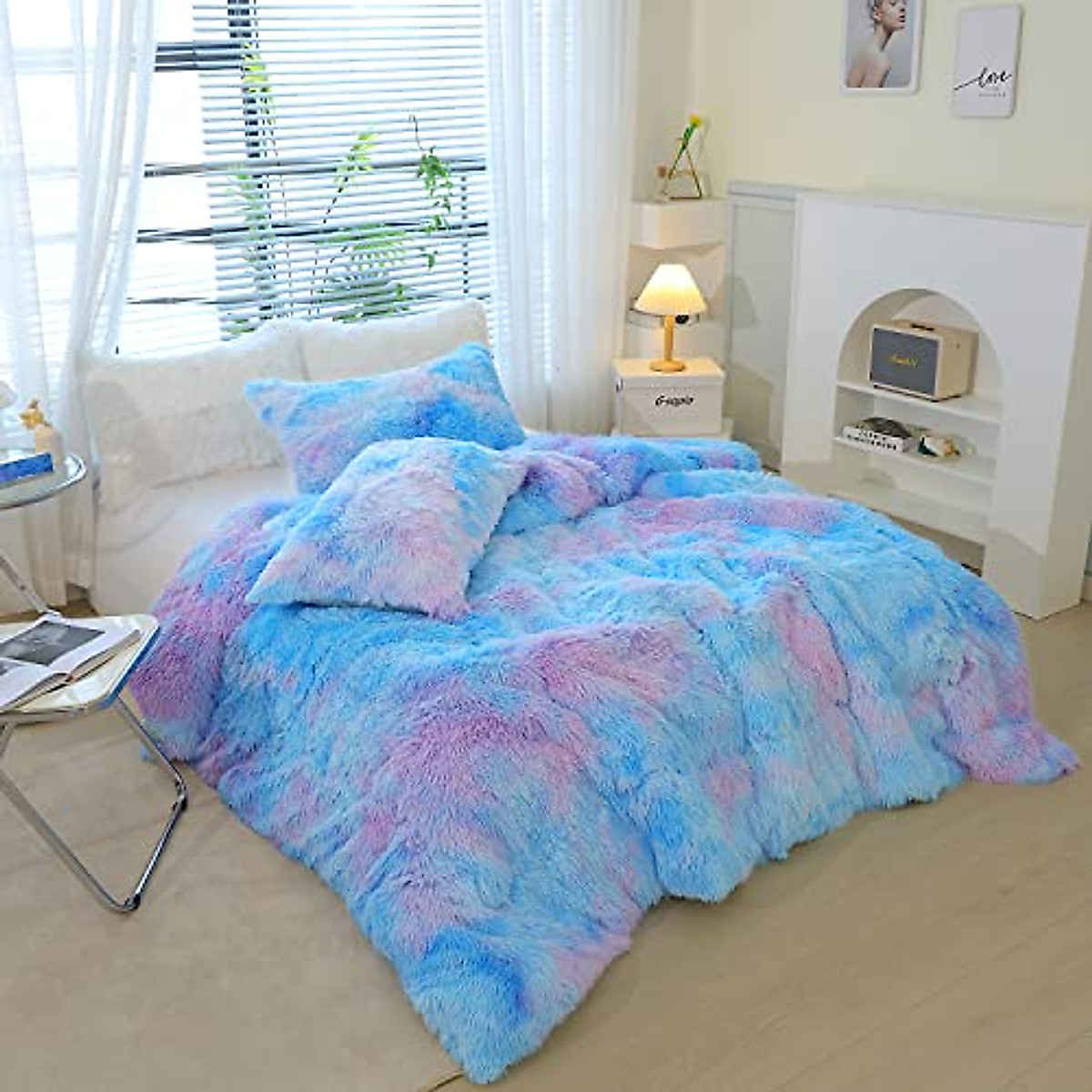 MOOWOO Plush Shaggy Comforter, Twin Luxury Ultra Soft Crystal Velvet Bedding Sets 2 Pieces (1 Faux Fur Comforter + 1 Faux Fur Pillow Cases), Colorful Blue