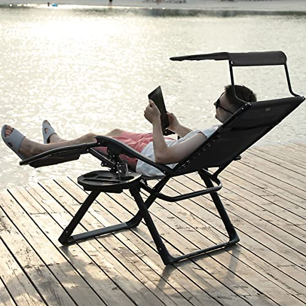 Ezcheer Oversized Zero Gravity Chair with Canopy, Support 400 lbs 31.5 inches Wide Patio Lounge Chair with Foot Rest Cushion, Folding Beach Camping Recliner Chair with Cup Holder (Black)