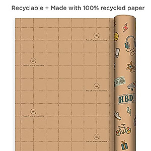 Hallmark Recyclable Wrapping Paper with Cutlines on Reverse (3 Rolls: 60 sq. ft. ttl) Kids Birthday, Retro Icons, Roller Skates, Skateboard