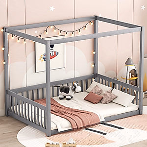 LostCat Full Size Canopy Floor Bed Frame with Fence, Wood Montessori Floor Bed for Teens and Adults, Easy Assembly, No Box Spring Needed,Grey