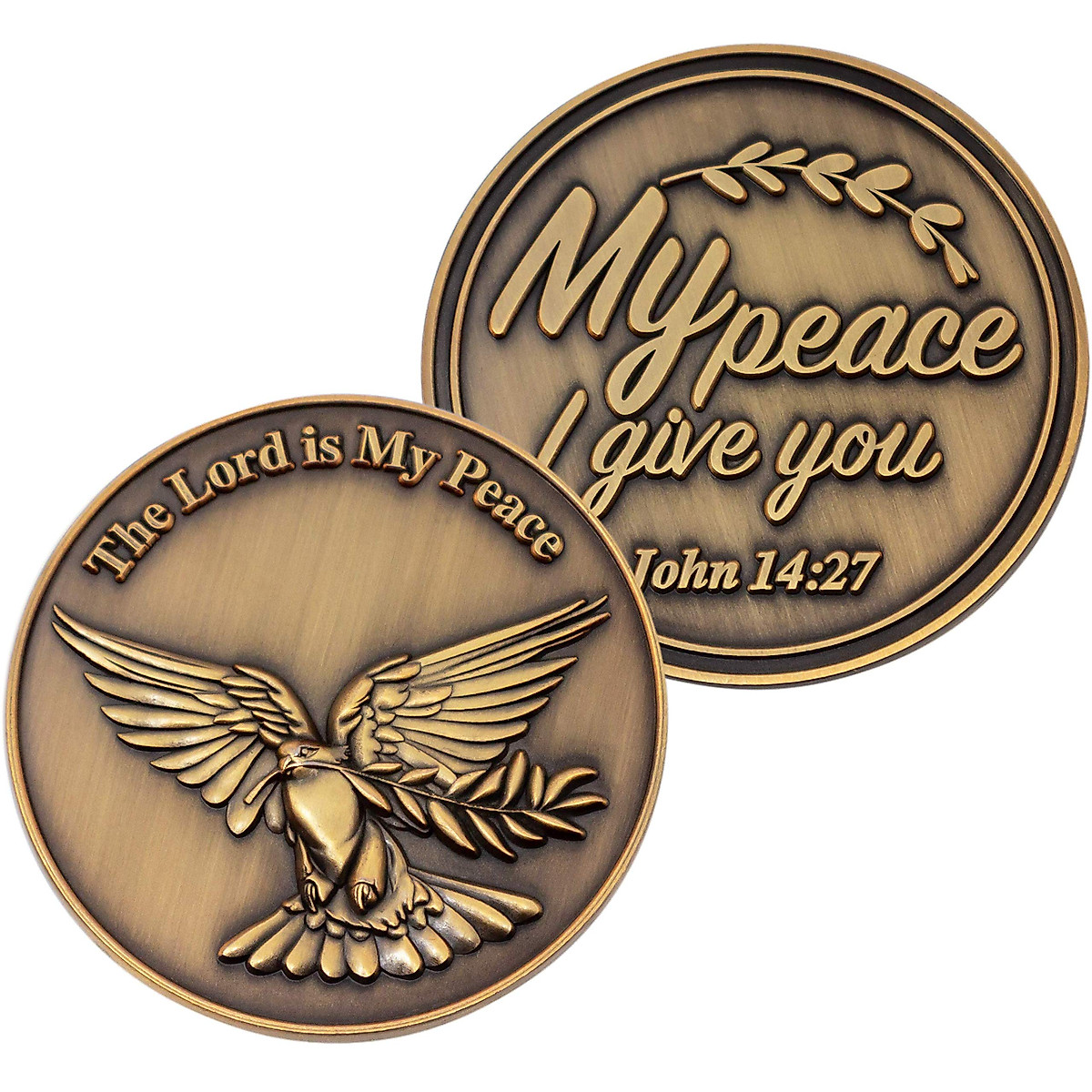 The Lord is My Peace, Dove and Olive Branch Pocket Token of Serenity, Christian Challenge Coins, My Peace I Give to You, Antique Gold-Color Plated John 14:27 Religious Gift