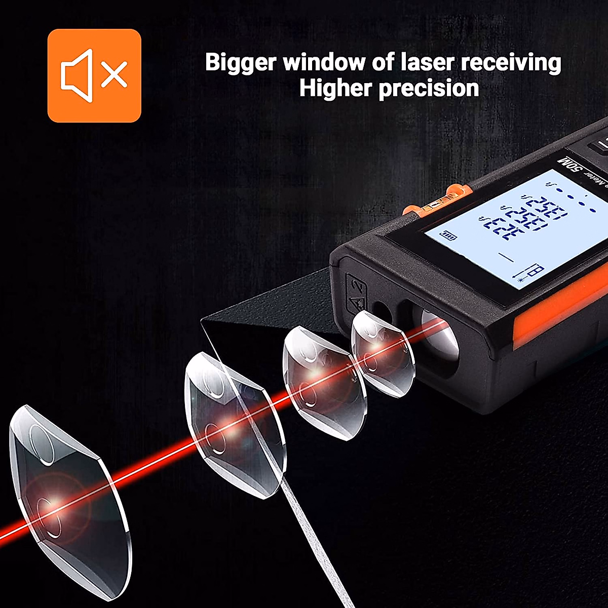Laser Measure Mute Distance with 2 Bubble Levels, Measure Distance, Area and Volume HD50