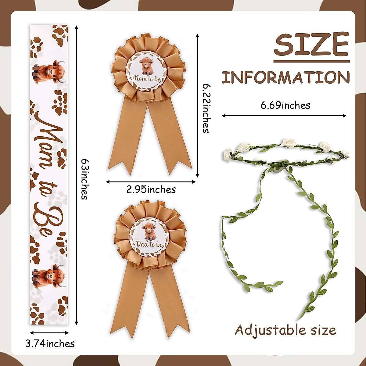 Serencatcher Highland Cow Mom to Be Sash, Highland Cow Baby Shower Favors Include Brown Mom Dad to Be Pin Sash Flower Crown Headband for Western Cowgirl Cowboy Gender Reveals Party Pregnancy Props