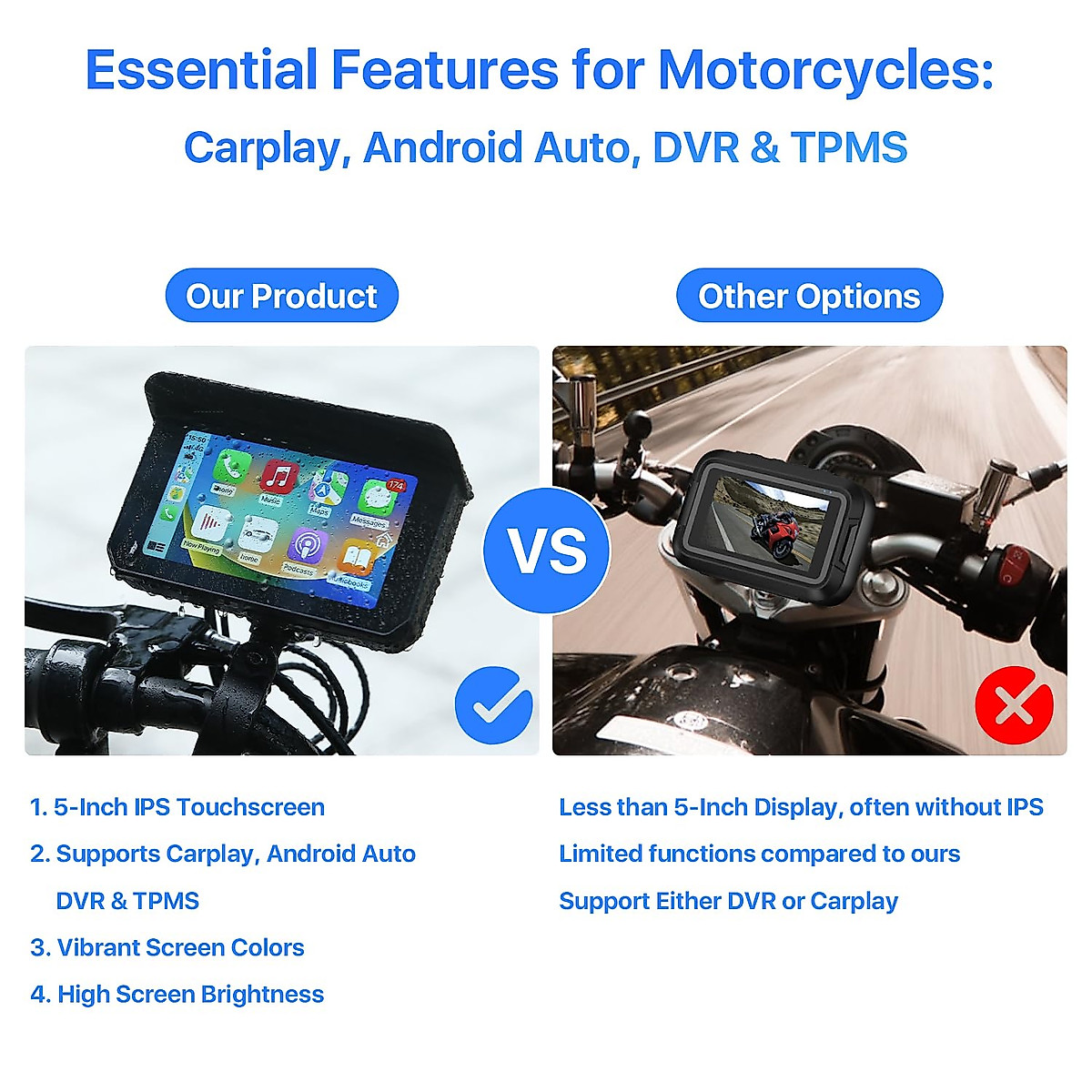 Motorcycle DVR: Wireless Apple Carplay, Android Auto, TPMS, Dual HD 1080P Cameras, GPS, G-Sensor, Siri & Google Voice, 5-Inch IPS Touch Screen, WiFi, Bluetooth, TF Card, Waterproof TTXSCAM MT01