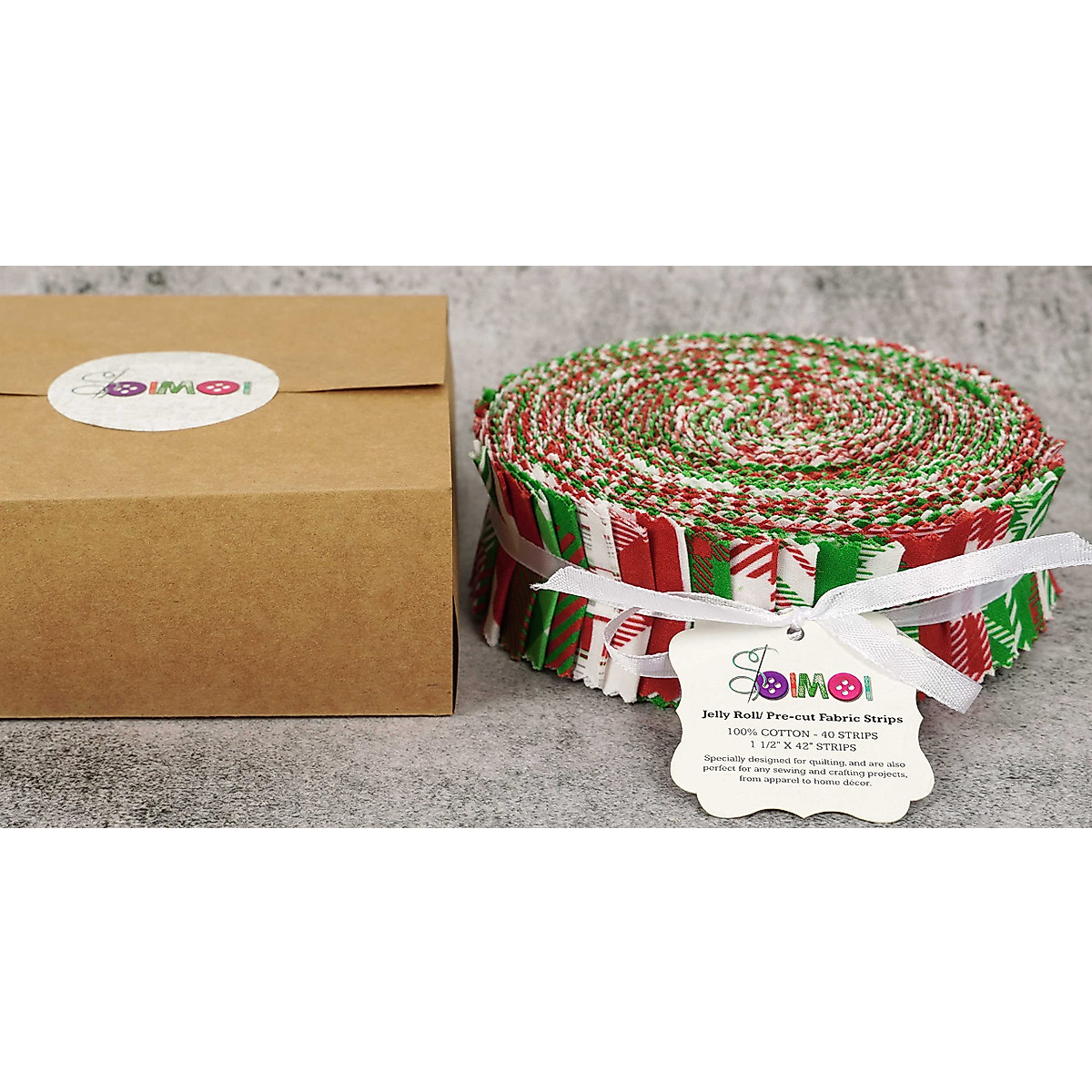 Soimoi 40Pcs Christmas Checks Print Precut Fabrics Strips Roll Up 1.5x42inches Cotton Jelly Rolls for Quilting - Red & Green