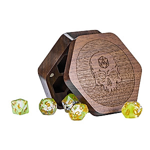 UDIXI Wooden Dice Box Skull Pattern, Walnut Dice Case with Magnetic Lid for Storage 7-Die Polyhedral Dice Set, Easy Carring, DND Gift (Hexagon)