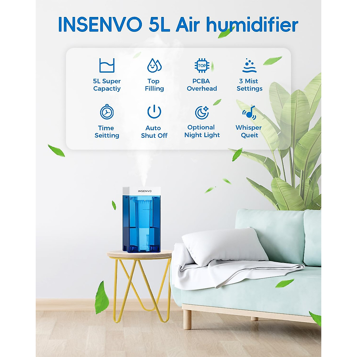 INSENVO Humidifier for bedroom, 5L Top Fill Humidifier with Touch Control, Ultrasonic Adjustable 3 Mist Outputs, 3 Timers, Auto Shut-off Air Humidifier for Bedroom, Living Room, Office, Pets, Plants