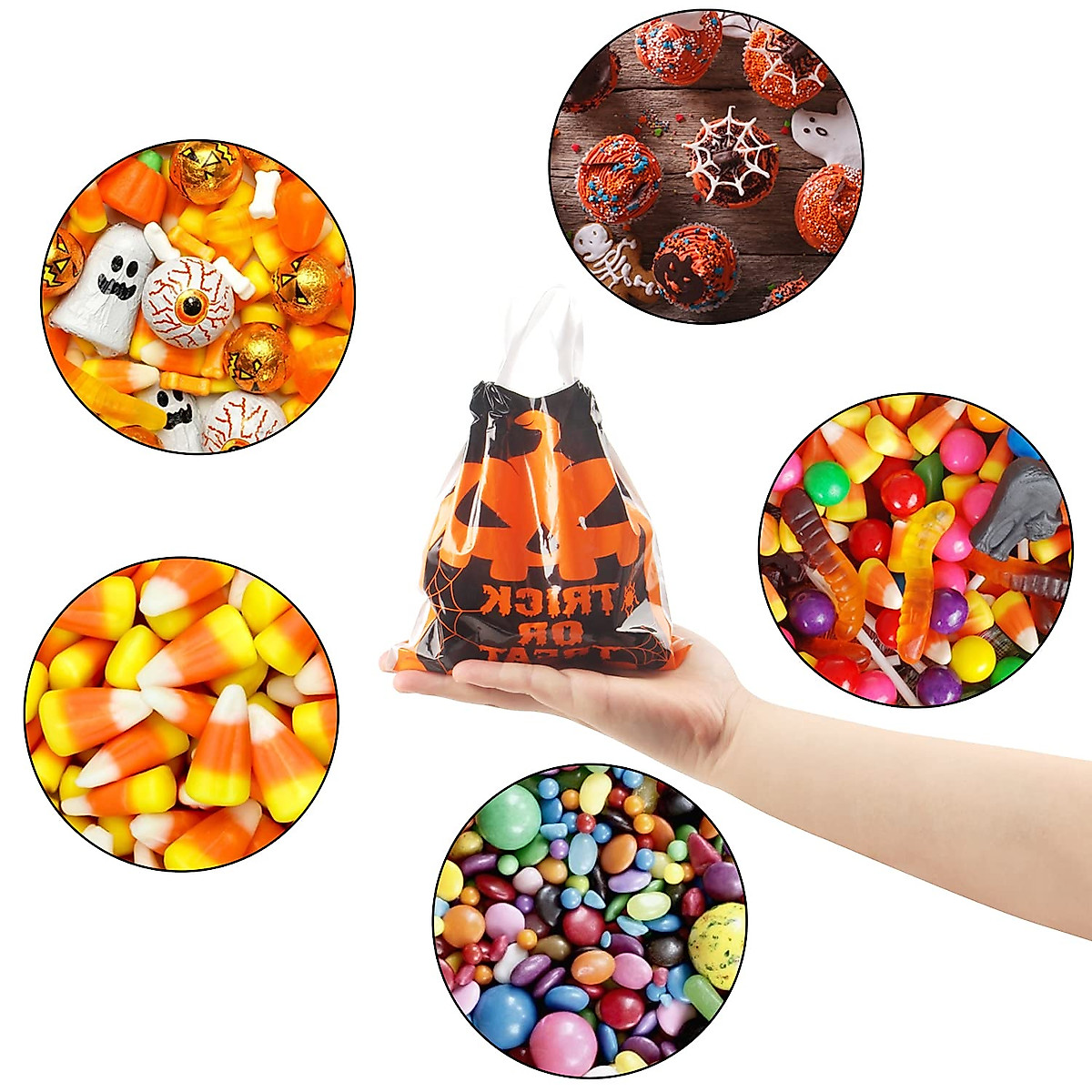 DIYASY 72 Pcs Halloween Drawstring Treat Bags for Kids, Small Plastic Candy Bags with Handle for Kids Trick or Treat Halloween Party Favors Supplies