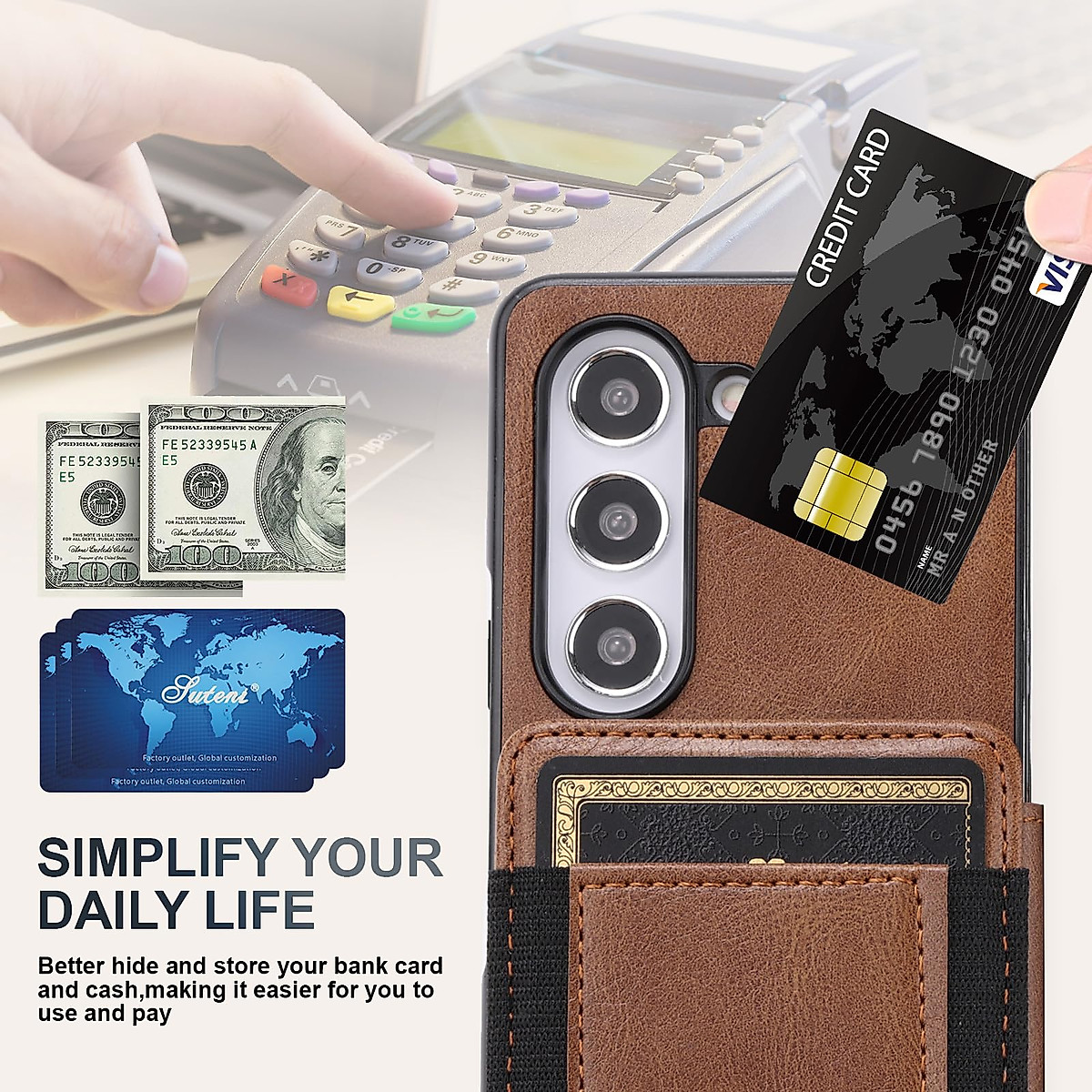 JINGANGYU JGY Samsung Z Fold 5 Case Leather Wallet, Z Fold 5 Wallet Case with Card Slots Flip PU Leather Card Holder Rugged Non-Slip Full Body Drop Protector Back case for Z Fold 5 (Flip Brown)