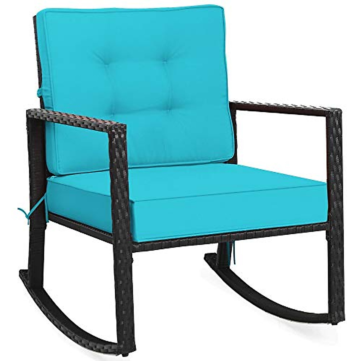 Hypeshops Patio Rattan Rocker Chair Outdoor Glider Wicker Rocking Chair Turquoise Cushion