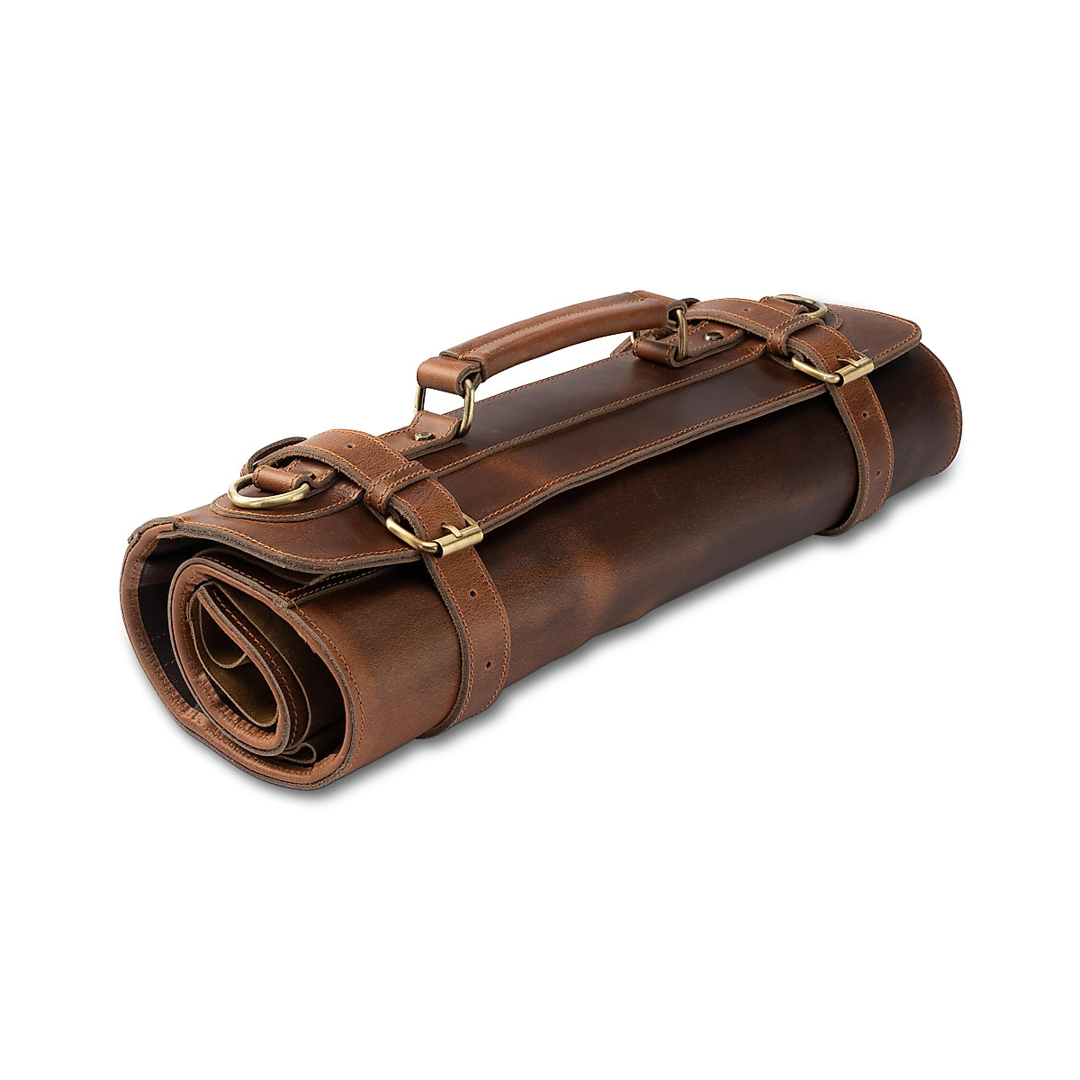 Angus Stoke Premium Leather Knife roll Storage Bag XXL - 14 Pockets, Buffalo Leather with Shoulder Strap, Chef's Knife Bag case Rene (Walnut-Brown)