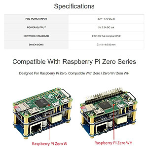 PoE Ethernet/USB HUB HAT for Raspberry Pi Zero/Zero W/Zero WH, 3X USB 2.0 Ports, 10M / 100M RJ45 Port, 802.3af-Compliant