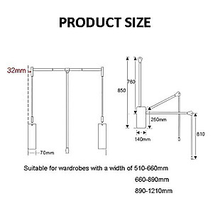 Drop-Down Wardrobe Hanging Slide Rail, Adjustable Large Telescopic Wardrobe Hanger, Saving Space, Soft Reset, Silver, 30KG Load (Size : 890-1210mm)