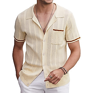 COOFANDY Beach Button Up Shirts for Men Knitted Collar Short Sleeve Polo Shirt Summer Vacation Cream
