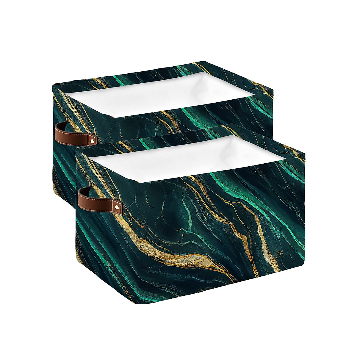 Marble Emerald Green Cube Storage Organizer Bins with Handles, 15x11x9.5 Inch Collapsible Canvas Cloth Fabric Storage Basket, Modern Abstract Gold Art Books Kids' Toys Bin Boxes for Shelves, Closet