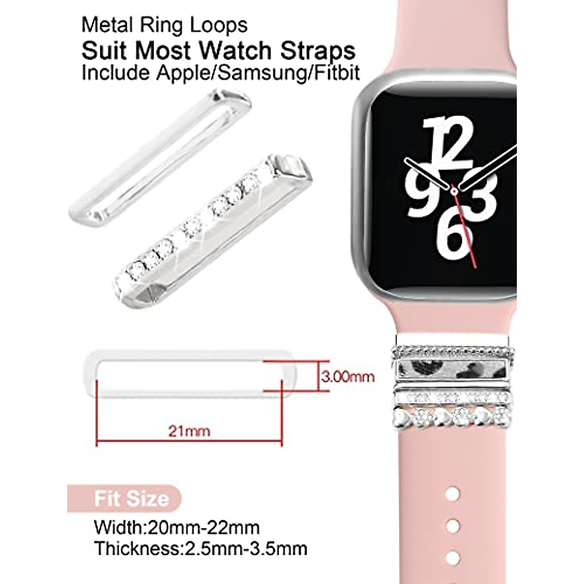 JR.DM 13 Pieces Silver Watch Band Charms with 10-Pcs Decorative Rings Loops & 3-Pcs Classic Clasp, Compatible with Apple Watch 38mm 40mm 41mm 42mm 44mm 45mm Metal Diamond Sliding Strap Accessories for iWatch Series 9 8 7 6 5 4 3 2 1 (No Watch Band)