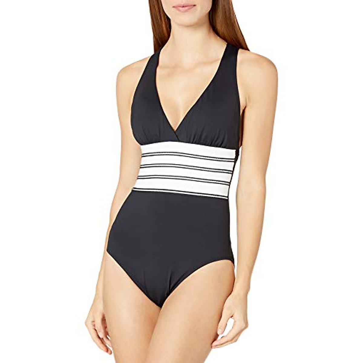 La Blanca Women's Standard Multi Strap Cross Back One Piece Swimsuit, Black/White//Zig and Zag, 12