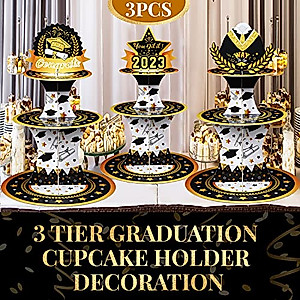 Treela 3 Pieces Graduation Cupcake Stands 3 Tier Round Cardboard Cupcake Stand 2023 Black and Gold Grad Decorations Theme Dessert Stand Holder for Graduation Party Supplies Favors