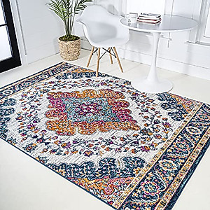 JONATHAN Y BMF106A-4 Bohemian Flair Boho Vintage Medallion Blue/Multi 4 ft. x 6 ft. Area-Rug, Vintage, Easy-Cleaning, for Bedroom, Kitchen, Living Room, Non Shedding