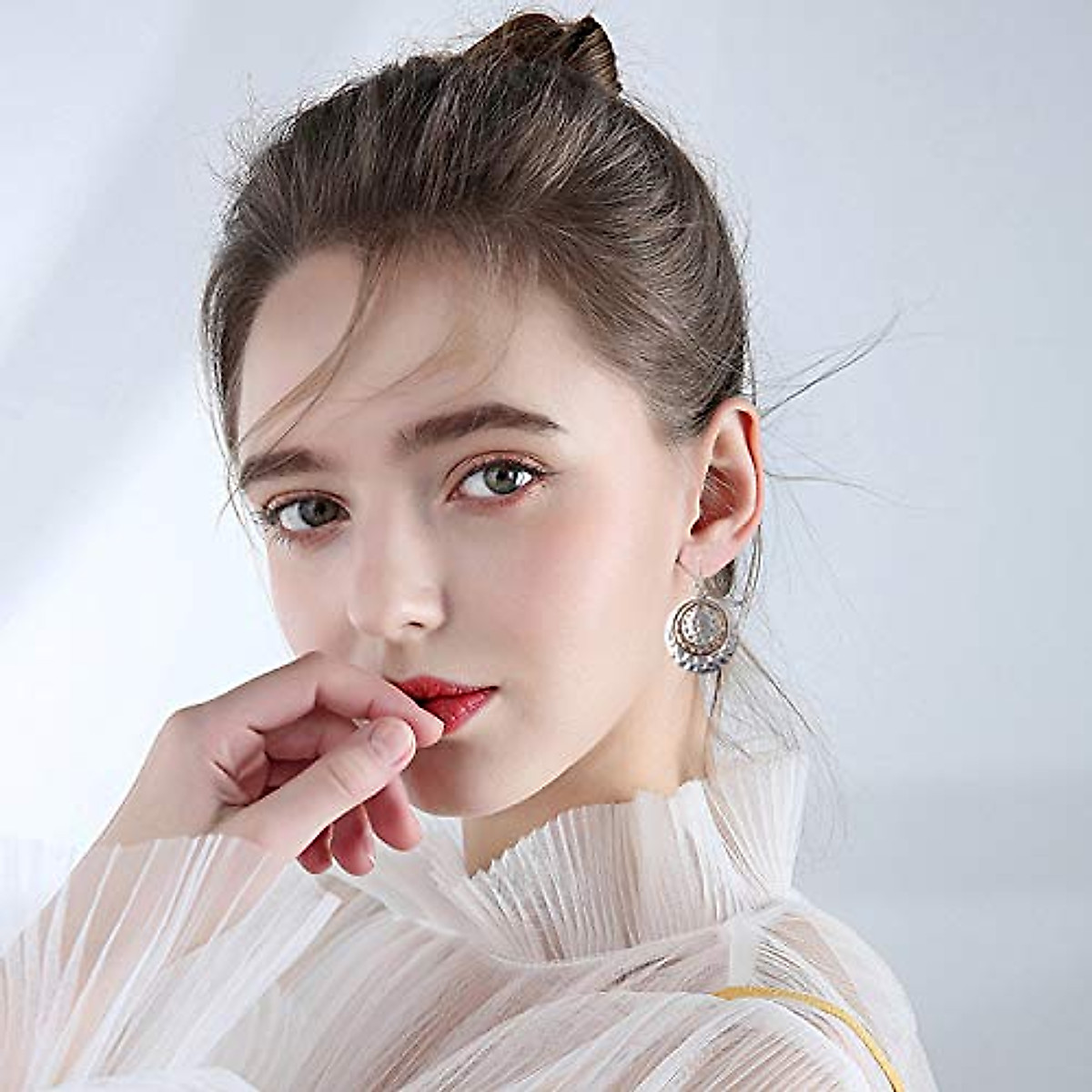 D.Rosse Handmade Ethnic Boho Retro Gold Matte Small Round Circle Dangle Drop Earrings Vintage Silver Hoop Hook Earrings for Women Statement Jewelry (Silver)