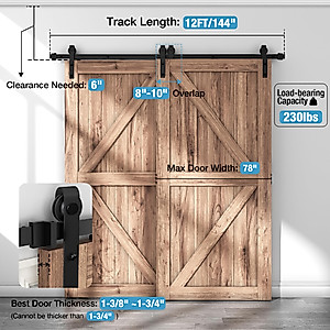 ZEKOO 12FT Single Track Bypass Sliding Barn Door Hardware Kit for Double Doors, Barn Door Bypass Hardware Kit, Flat Track Roller, Low Ceiling (J Shape Hanger)