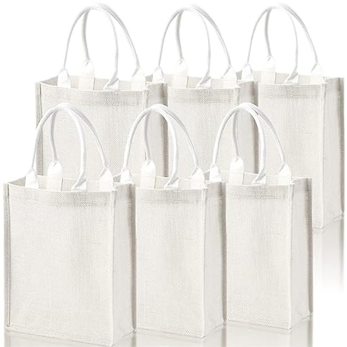 DEAYOU 6 Pack Jute Burlap Tote Bag, Burlap Gift Bag with Handle, Jute Beach Tote Laminated Interior, Reusable Lined Grocery Shopping Bag for Bridesmaid, DIY, Wedding,9.8''x11.8''x3.9'', White