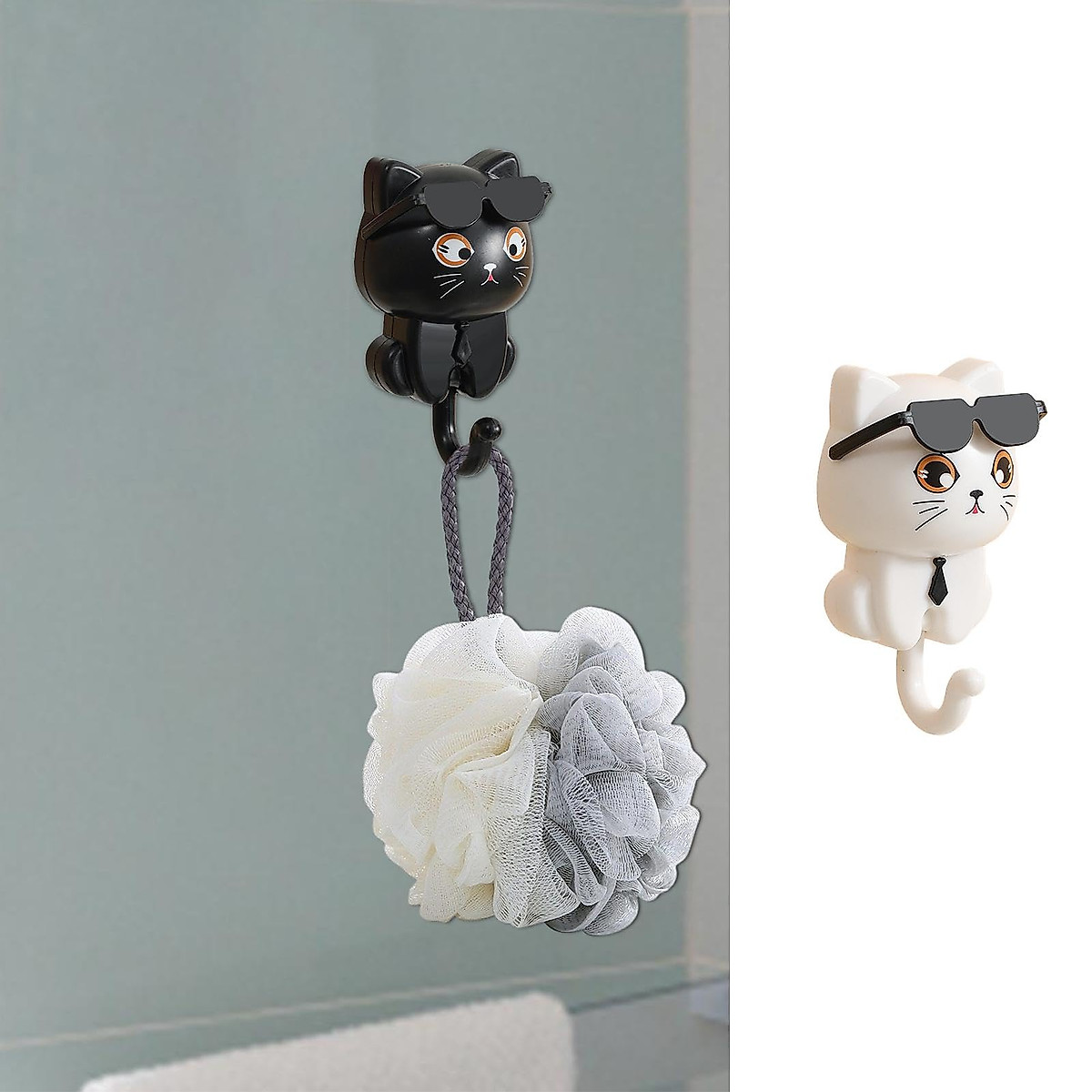 4 Pieces Cute Cat Key Hook, Cat Key Holder, Sunglasses Cat Key Hook, Cute Sunglasses Cat Adhesive Coat Hooks, Cat Hooks for Wall, Pet Wall Hooks for Hanging Key, Bag, Hat, Towel