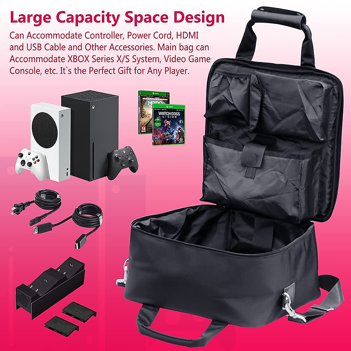 oamarando Carrying Case for XBOX ,Compatible with XBOX SERIES X/S, Travel Storage Bag for XBOX Controllers and Accessories,with Controller Protection Box (Black-Red)