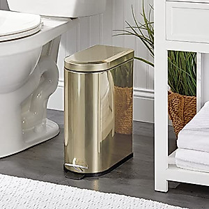 mDesign Small 2.6 Gallon Stainless Steel Metal Step Trash Can Garbage Bin for Bathroom, Bedroom, Home Office - D-Shape Trashcan with Foot Pedal/Lid, Removable Liner Bucket with Handles, Soft Brass