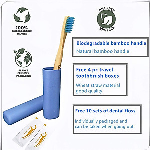 Bamboo Toothbrush （4-pack with Cases ）- Soft Eco Friendly, with 4 Pc Travel Toothbrush Case and 10 pack Dental Floss - Bpa Free Biodegradable - Wood Kit
