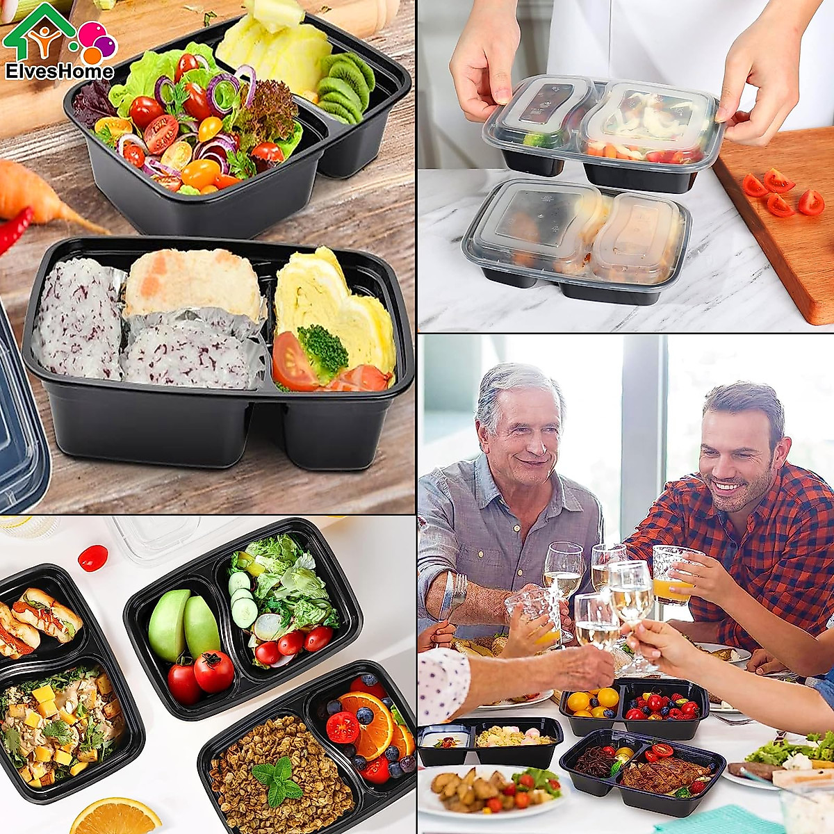 Meal Prep Container 2 Compartments, 50 Pack Meal Prep Container Microwave Safe, Food Storage Container with Lids, 34oz Disposable Bento Box To-Go Boxes Reusable Plastic Bento Lunch Box Dishwasher Safe