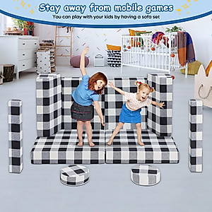 Olasme 10 Pcs Black and White Kids Couch,Buffalo Check Toddler Couch Sofa,Foam Modular Kids Play Couch,Convertible Kids Floor Bed Sofa Couch for Playroom Bedroom