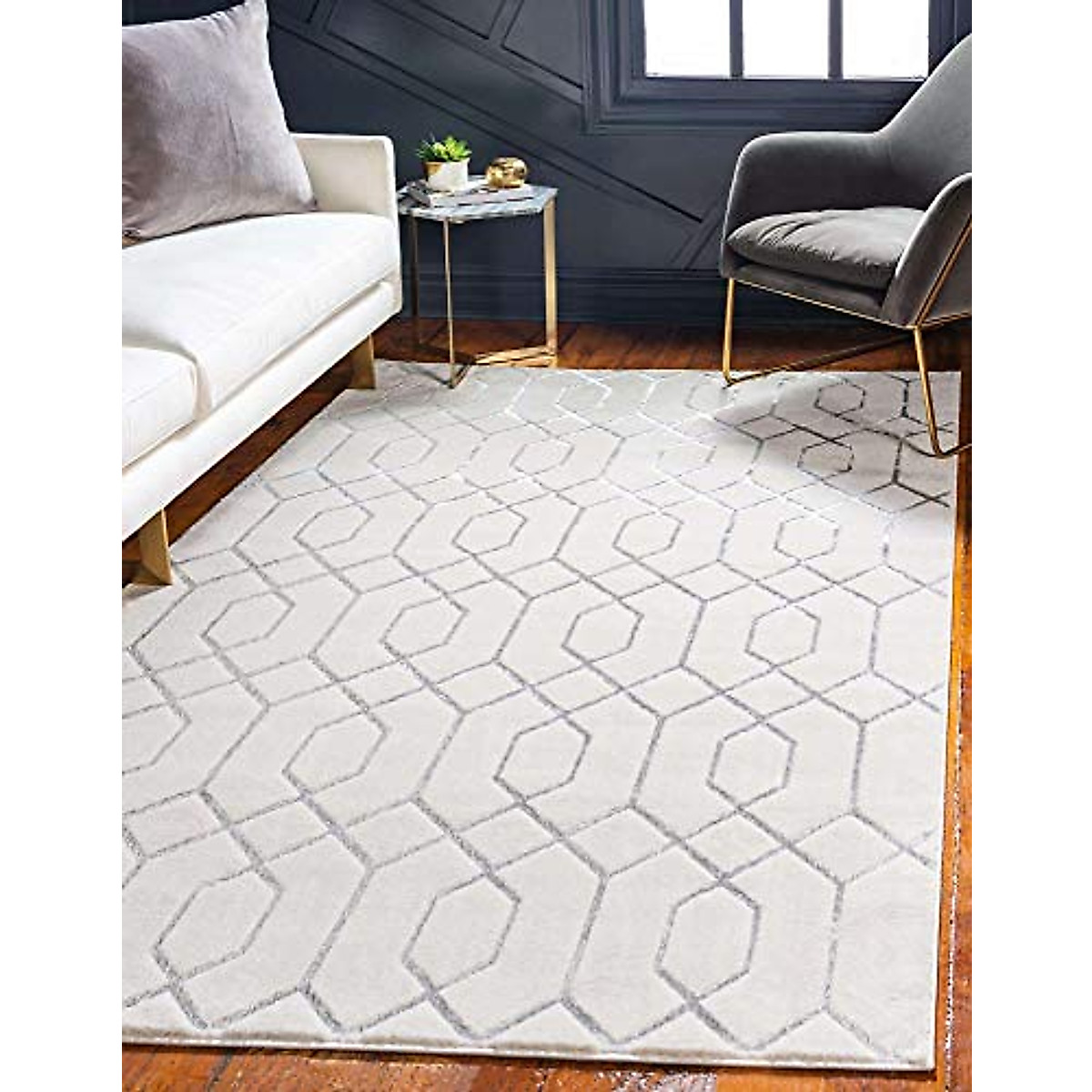 Unique Loom Glam Collection Area Rug - Trellis (3' 3" x 5' 3" Rectangle, White Silver/ Silver)
