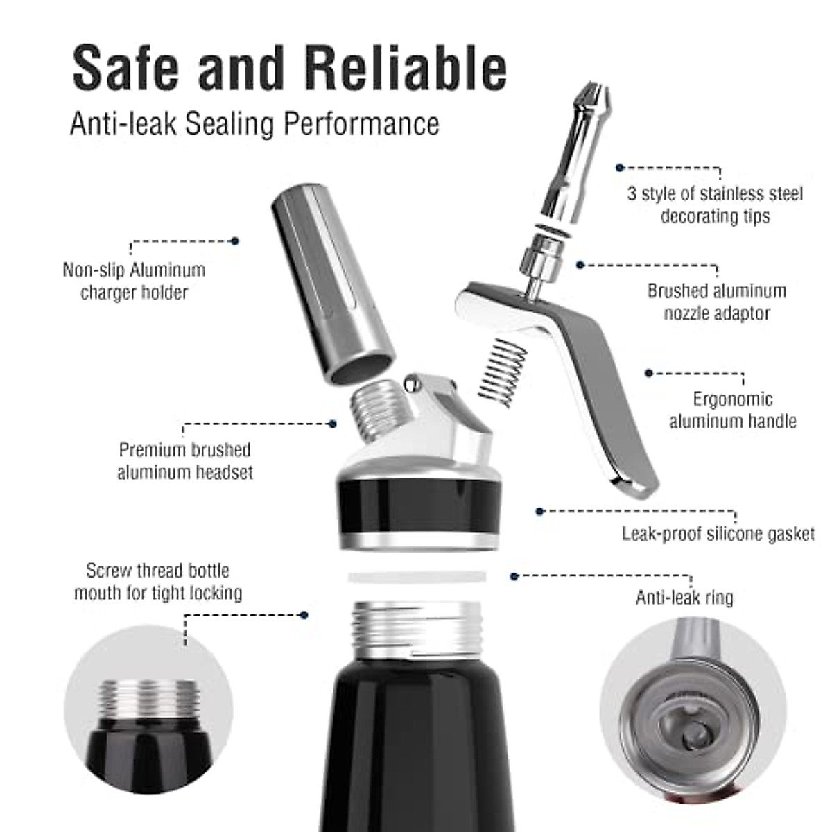 SimCoker Whipped Cream Dispenser, Aluminum Cream Whipper 500mL/1 Pint,3 Stainless Culinary Decorating Nozzles, 1 Brush, 1 Storage Bag, Homemade Cream Maker, N2O Chargers Not Included