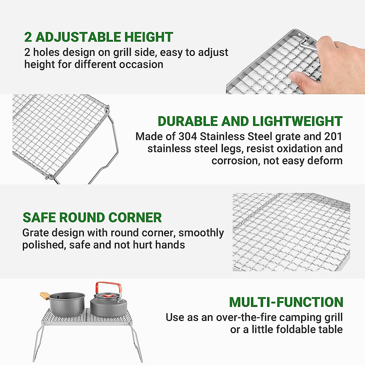 yETO Folding Campfire Grill Grate Over Fire Pit Camping Portable Fire Grate 304 Stainless Steel Cooking Grate with Adjustable Legs & Carry Bag for Camping Hiking Backpacking BBQ Outdoors