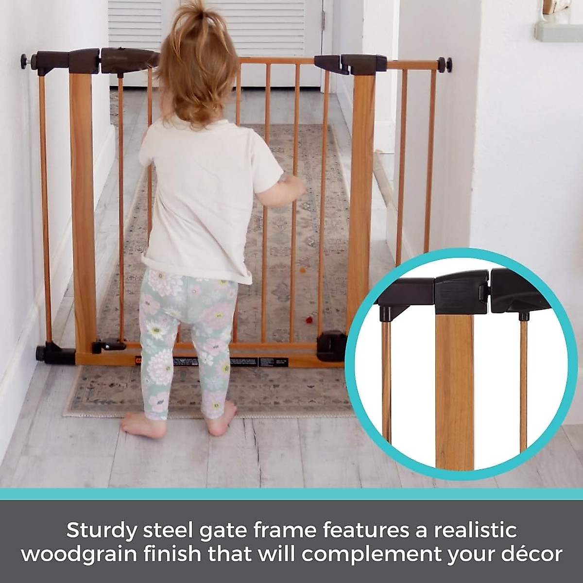 Toddleroo by North States Woodcraft Steel Baby Gate: Self-Closing Child Gate with Hold-Open Feature. Pressure Mounted Baby Gate with Door, Fits Openings 29.75” to 40.5” Wide. (30" Tall, Brown)