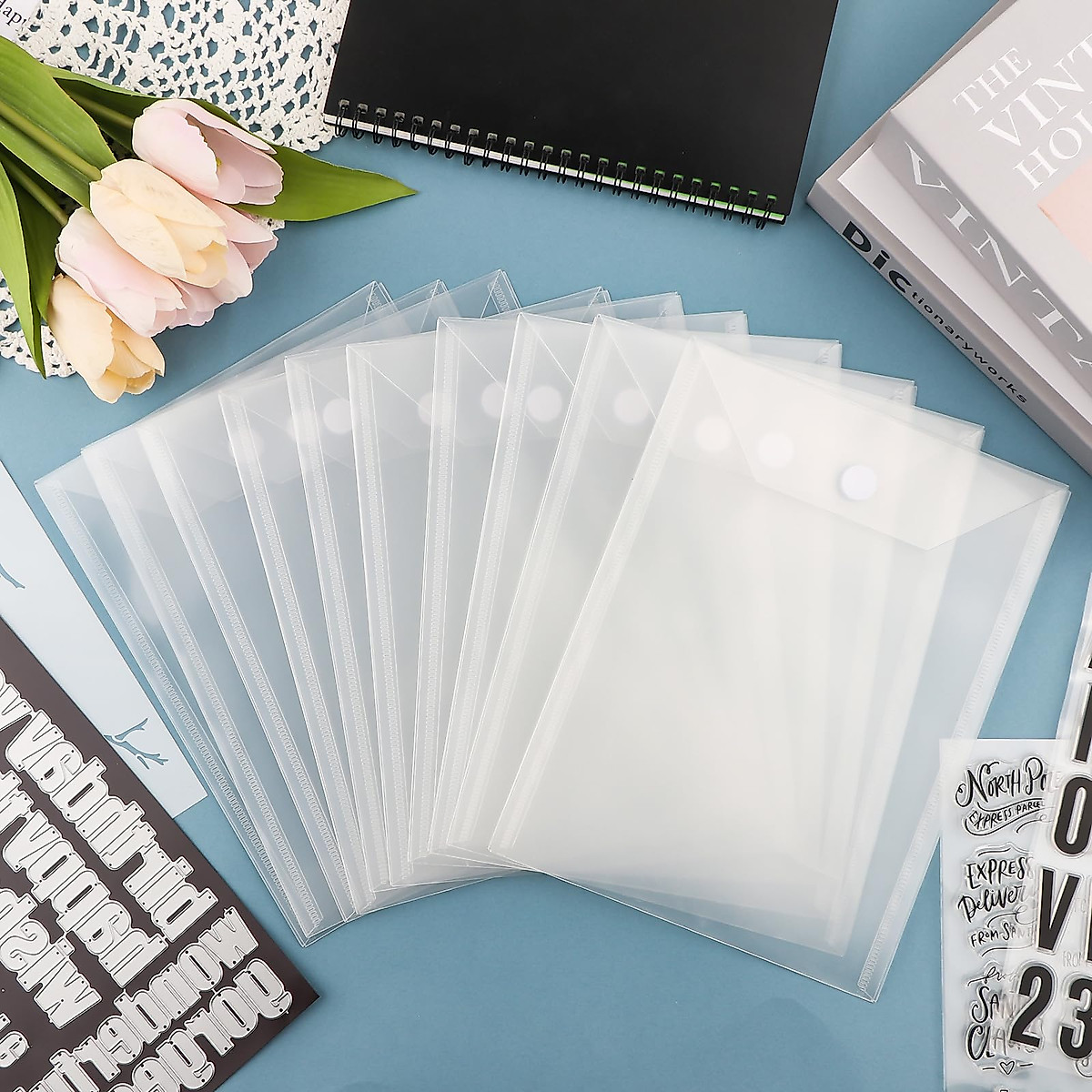 Briartw 20pcs 7x9.4" Storage Envelopes Hook and Loop Closure, Resealable Plastic Envelopes Pockets for Cutting Dies Stencil Crafts Organizer Holder,Storage Bag for Clear Stamp,Die Cuts,Photos