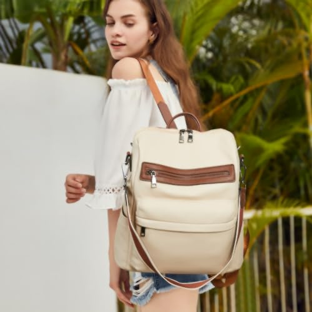 BROMEN Backpack for Women Convertible Purse Bookbag Purses Fashion Leather Travel Bags Beige Brown