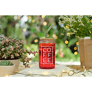 NewEleven Cute Glass Coffee Cups With Lids And Straw – Aesthetic Cups – Iced Coffee Cup, Coffee Tumbler, Glass Tumbler – Cute Gifts For Women, Coffee Lover - 16 Oz Coffee Glass